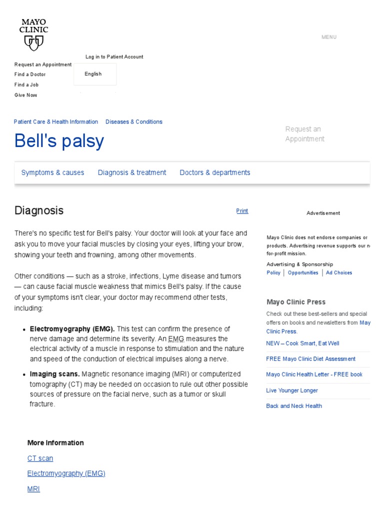 Bell's Palsy - Diagnosis and Treatment - Mayo Clinic | PDF ...