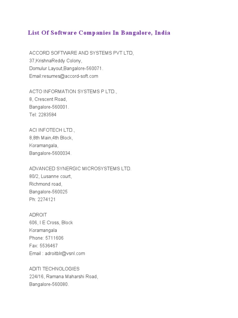 List of Software Companies in Bangalore | PDF | Companies | Computing