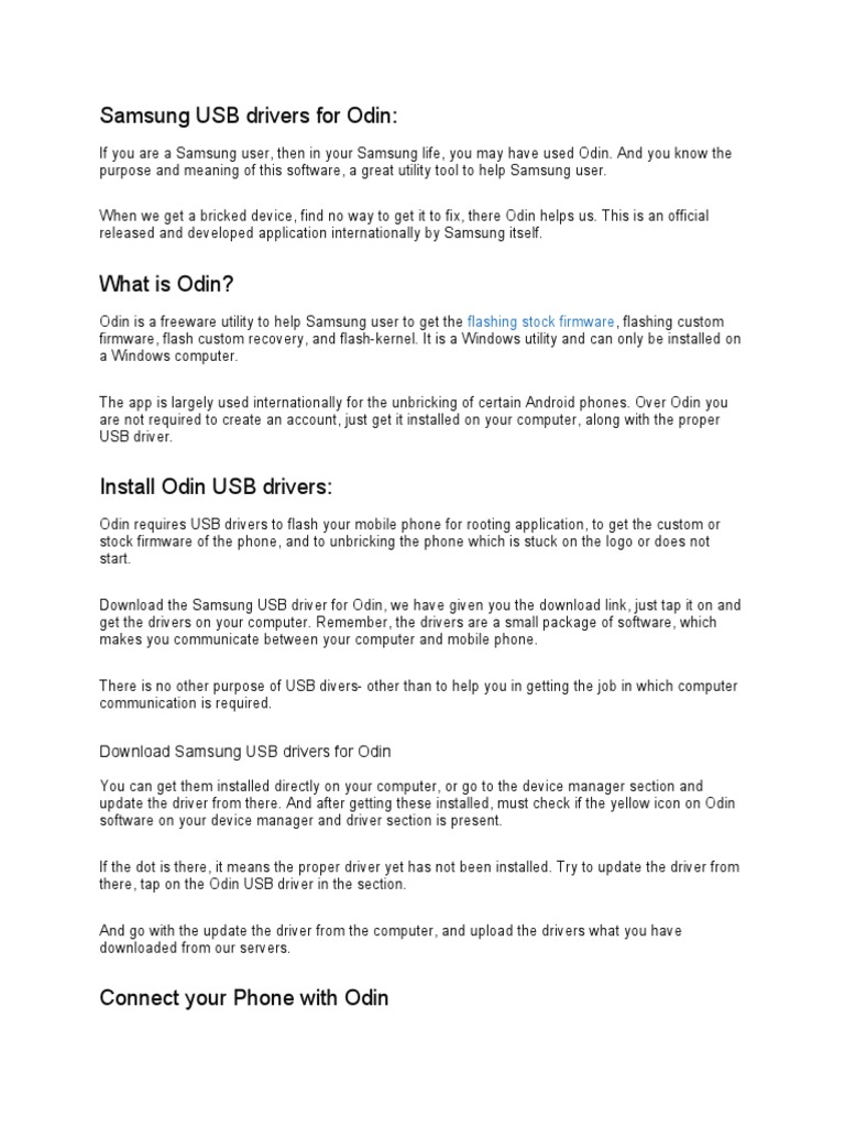 Samsung Odin USB Drivers Guide | PDF | Device Driver | Usb Flash Drive