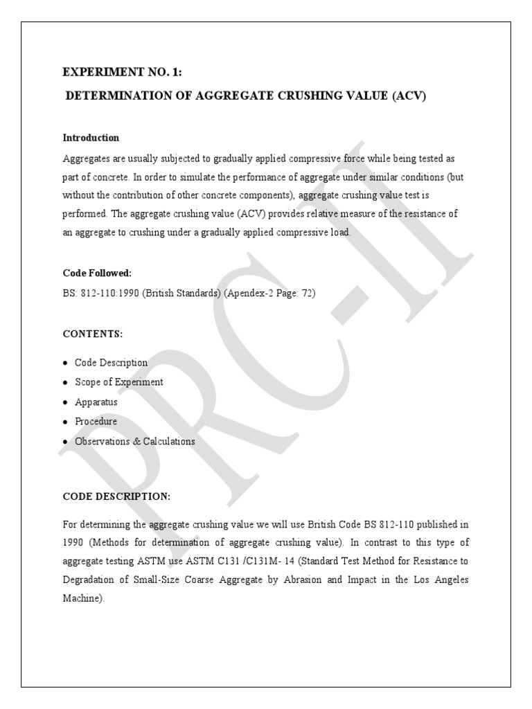 Experiment No. 1: Determination of Aggregate Crushing Value (Acv) | PDF ...