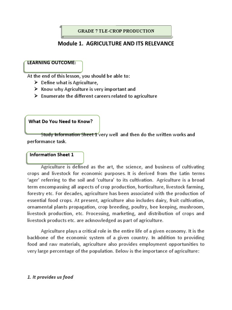 Module 1. Agriculture and Its Relevance: Learning Outcome | PDF ...