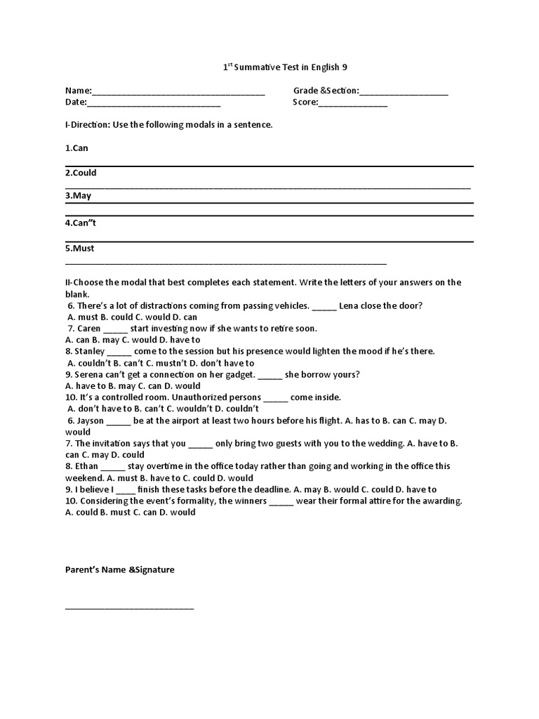 1st Summative Test in English 9 | PDF | Verb