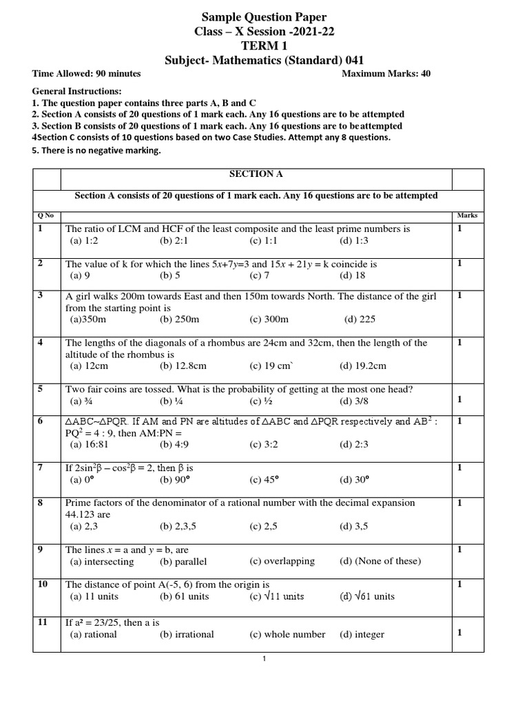 MATHEMATICS-X - Sample Papers - 2021-22 (Edited) | PDF | Area ...