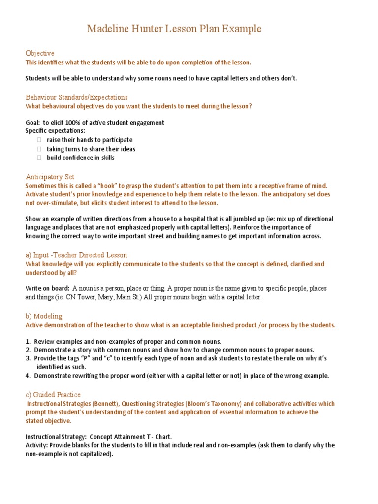 Sample Madeline Hunter Lesson Plan Example | PDF | Lesson Plan ...