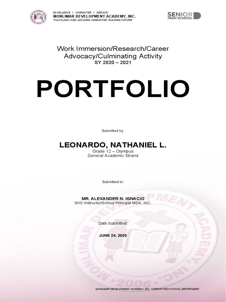 Portfolio: Work Immersion/Research/Career Advocacy/Culminating Activity ...