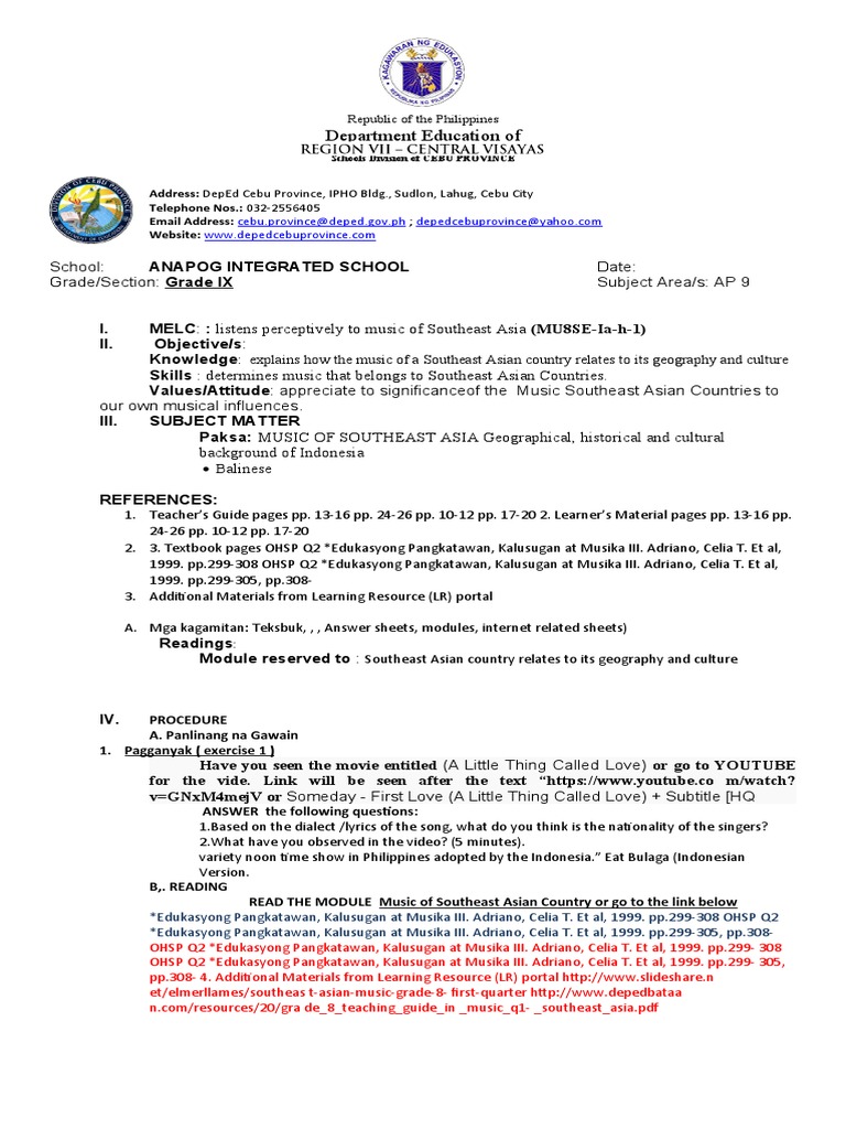 Department Education Of: School: Date: Grade/Section: Grade IX Subject Area/s: AP 9 | PDF ...
