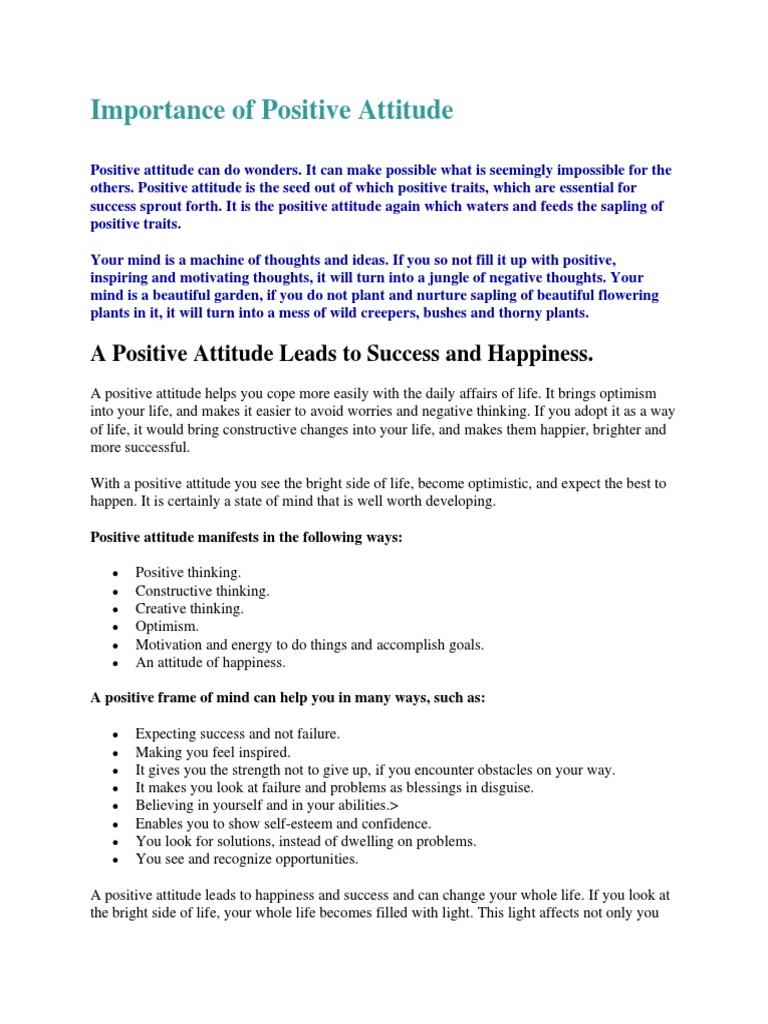 Importance of Positive Attitude | PDF | Optimism | Attitude (Psychology)