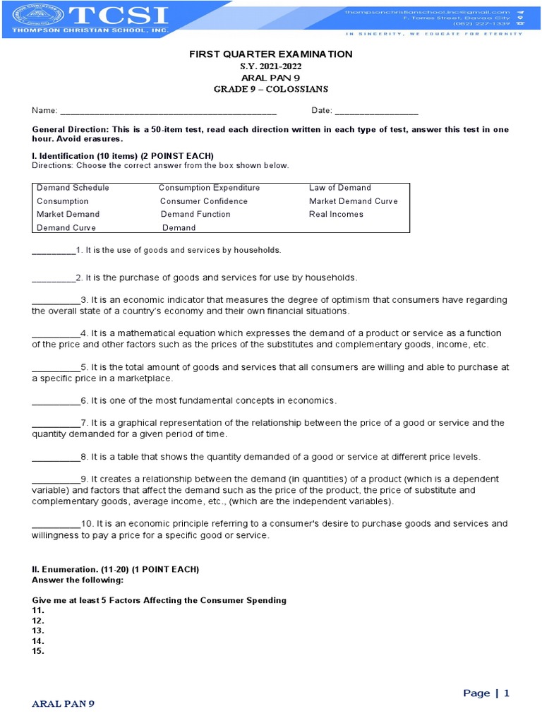 TQ AP9 (FirstQuarter) DONE | PDF | Demand | Demand Curve