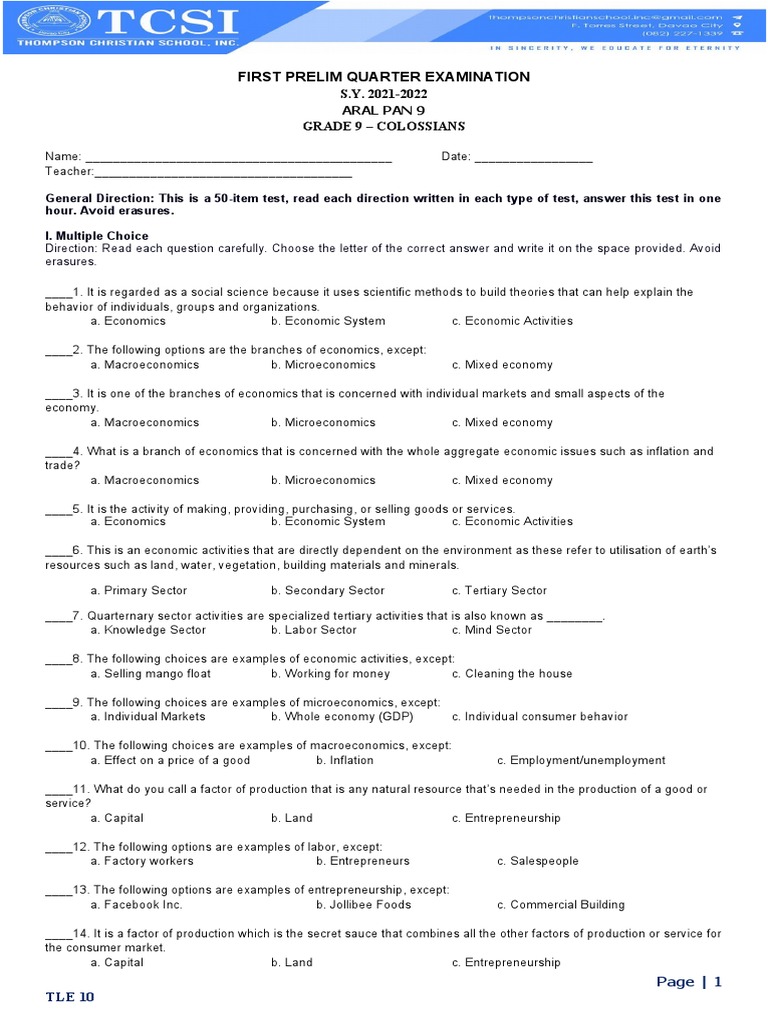 TQ AP9 (FirstPrelimExam) | PDF | Economics | Factors Of Production