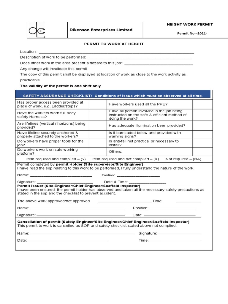 DEL Permit To Work Form | PDF | Safety