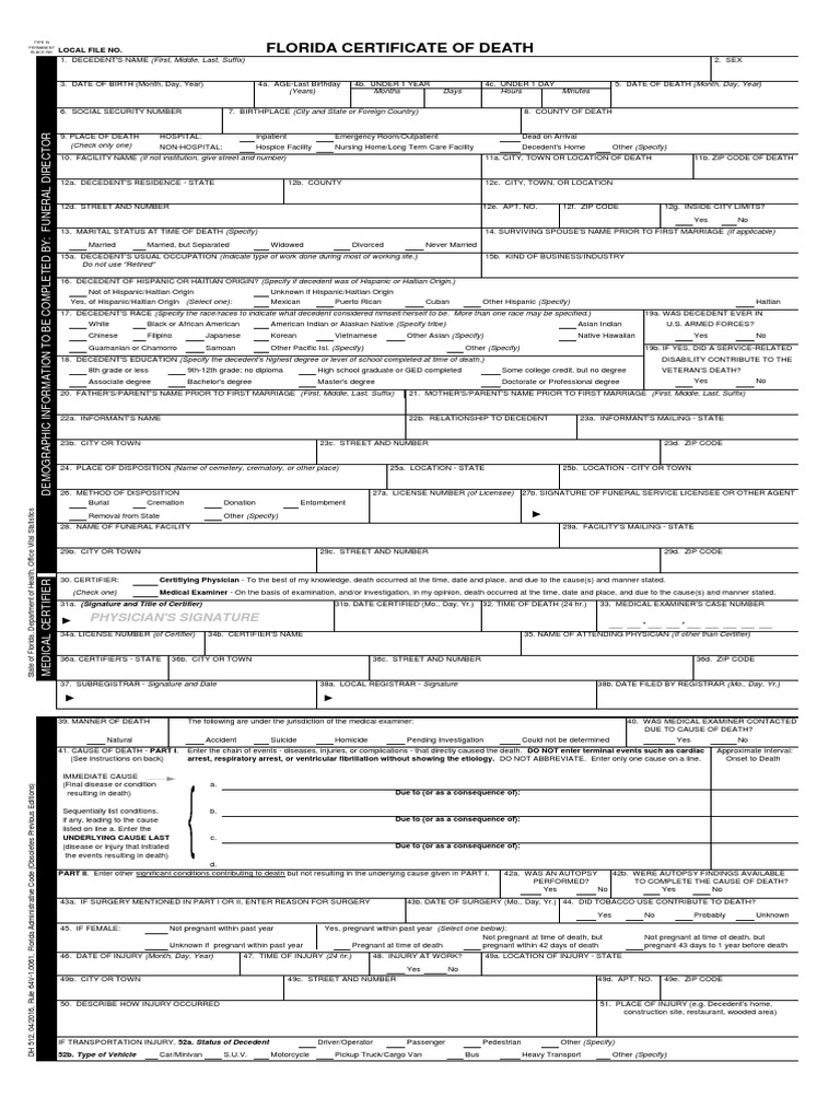 Florida Certificate of Death Form | PDF | Death | Myocardial Infarction