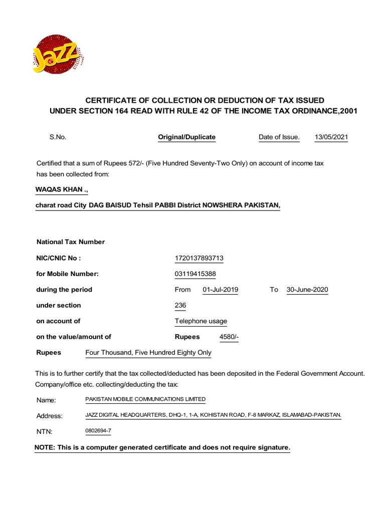 Certificate of Collection or Deduction of Tax Issued Under Section 164 ...