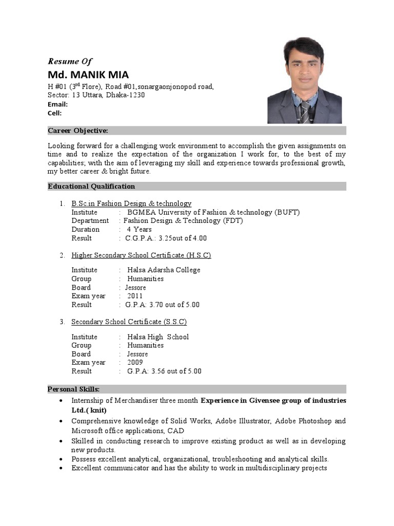 Resume of Md. Manik Mia | PDF | Career & Growth | Art