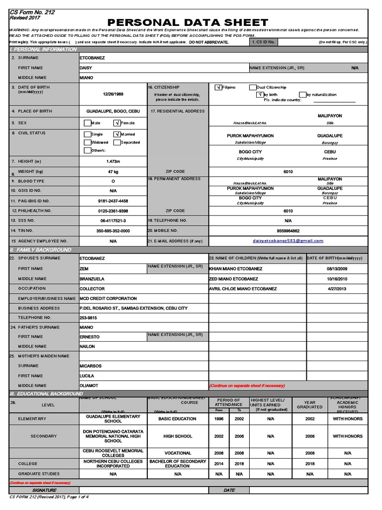 Personal Data Sheet: CS Form No. 212 | PDF | Government | Policy