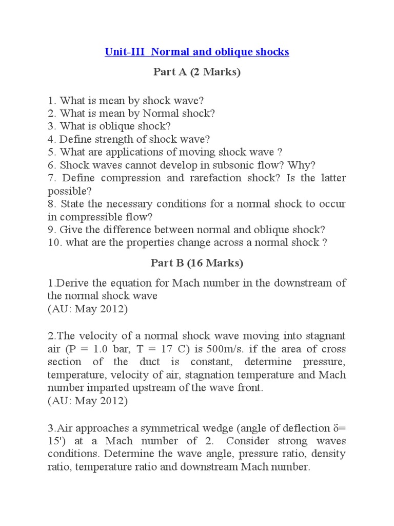 Unit III - Normal and Oblique Shocks | PDF | Shock Wave | Mach Number