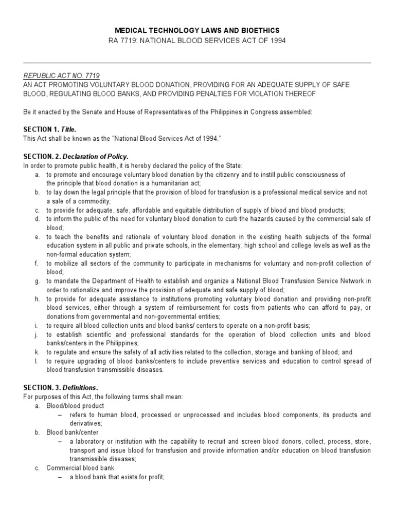 Ra 7719: National Blood Services Act of 1994: Medical Technology Laws ...