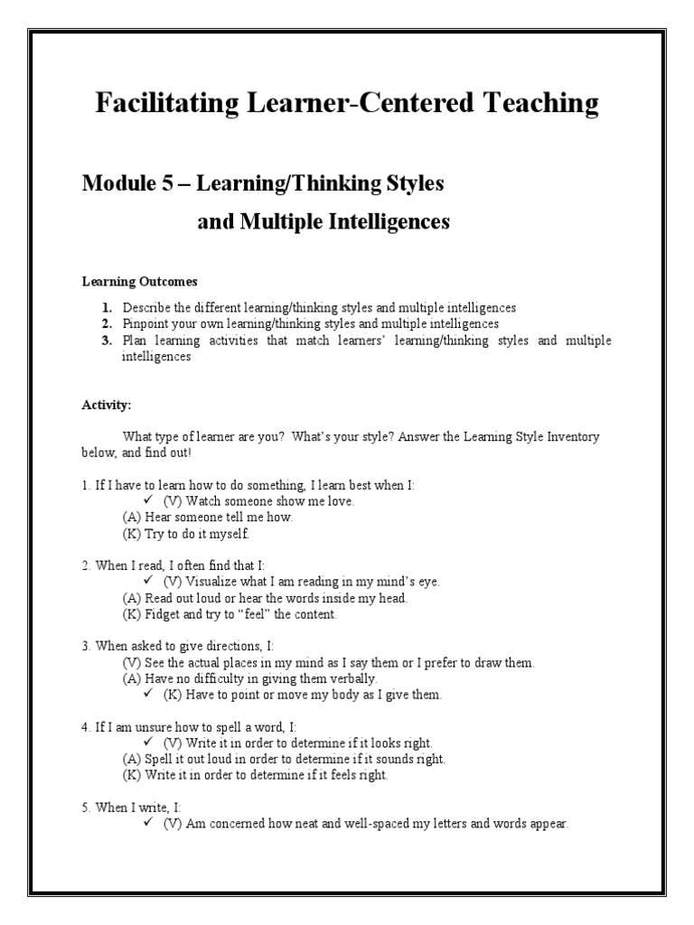 Facilitating Learner-Centered Teaching: Module 5 - Learning/Thinking Styles and Multiple ...