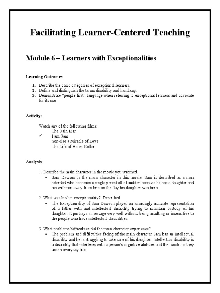 Module 6 Facilitating Learner Centered Teaching (1) Lou | PDF | Disability | Intellectual Disability