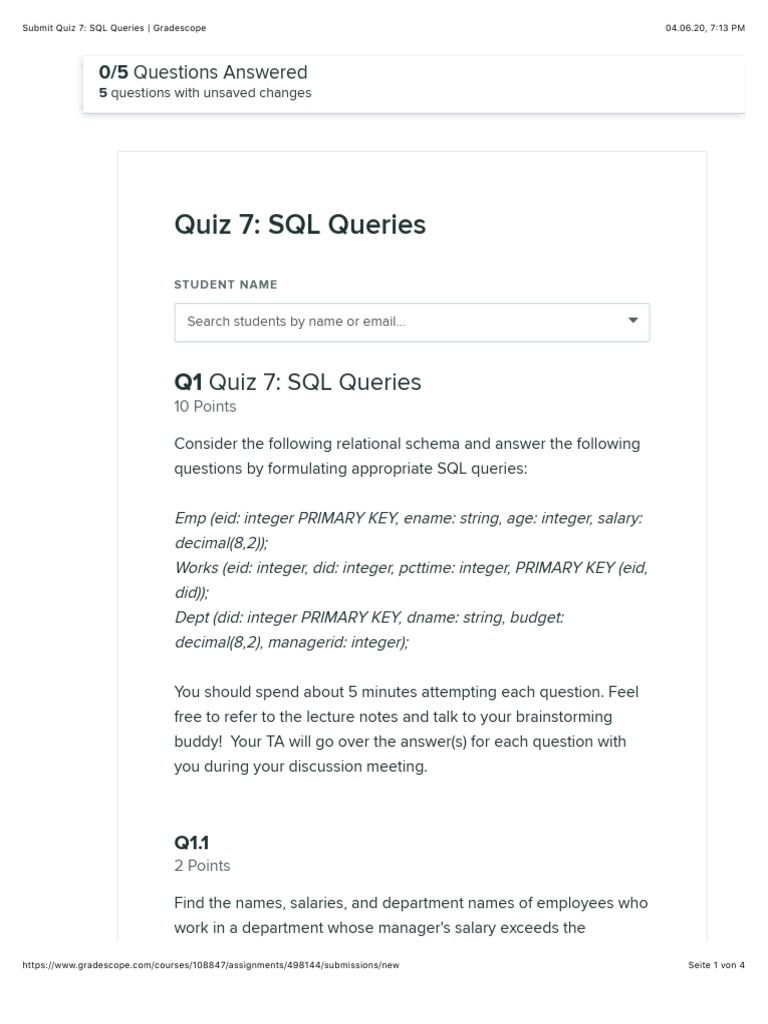 Q1 Quiz 7: SQL Queries | PDF | Data | Computing