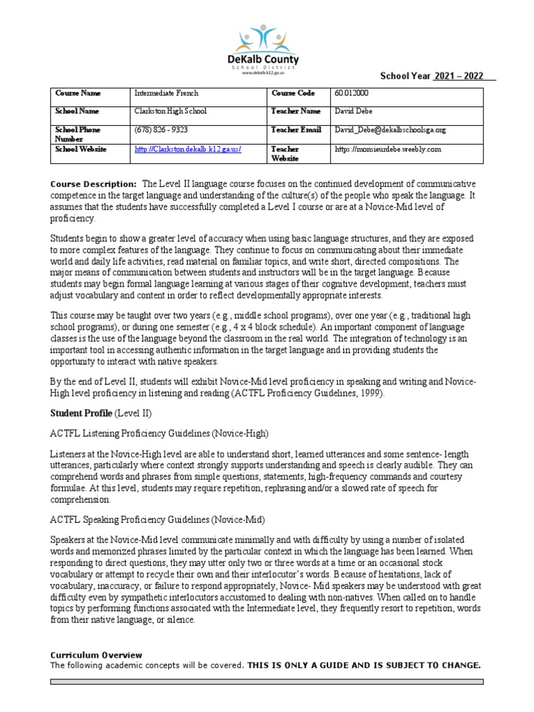2021 - 2022 French 1 Grade Syllabus | PDF | Schools | Educational ...