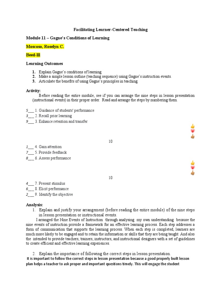 Facilitating Learner-Centered Teaching Module 11 - Gagne's Conditions ...