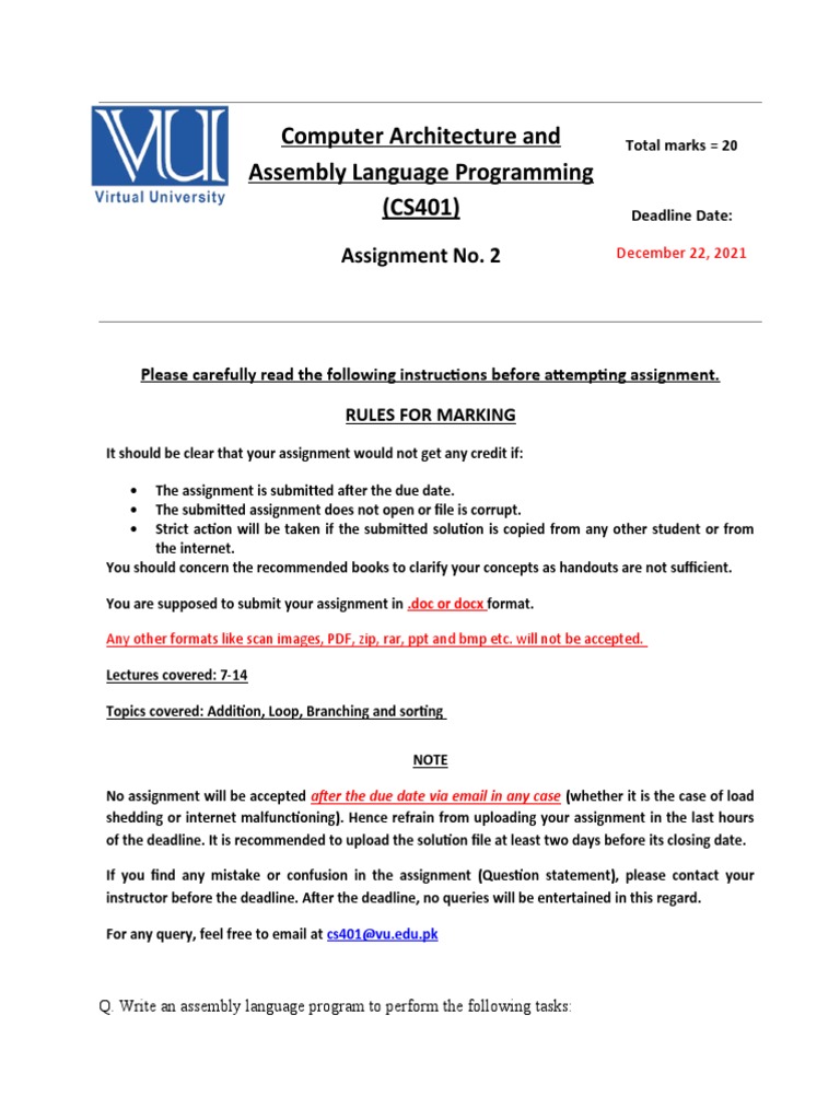 Computer Architecture and Assembly Language Programming (CS401) | PDF | Assembly Language ...