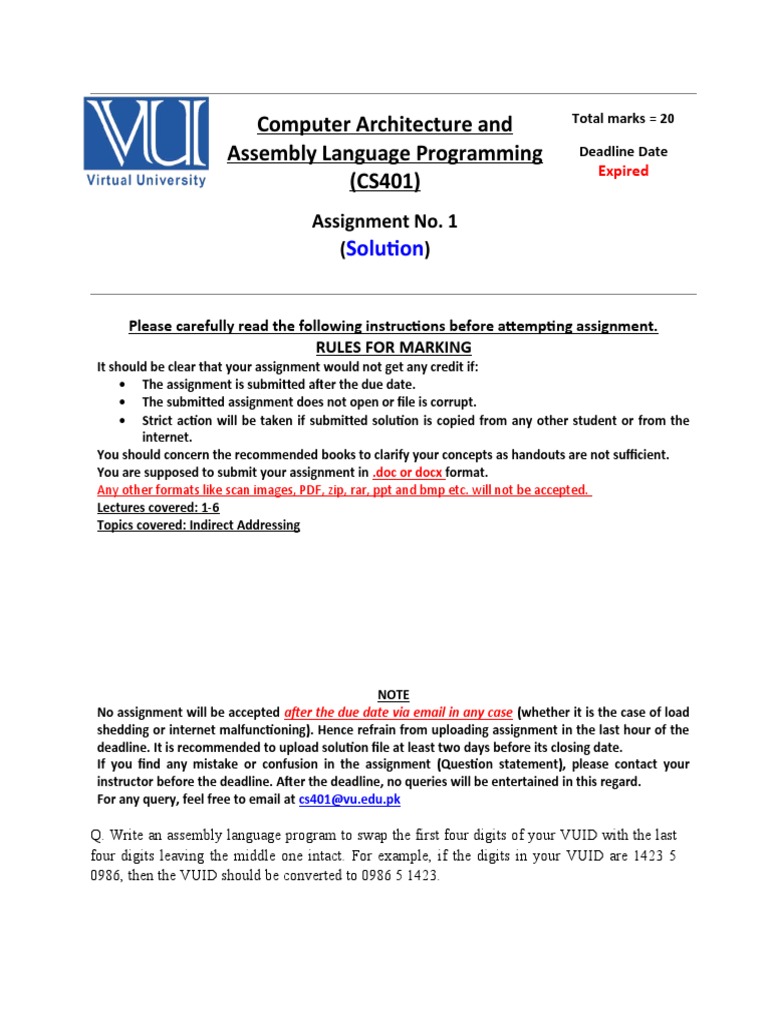 Computer Architecture and Assembly Language Programming (CS401) | PDF ...