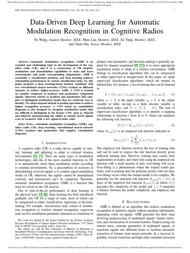 Deep Learning For Automatic Modulation Recognition In Cognitive Radios