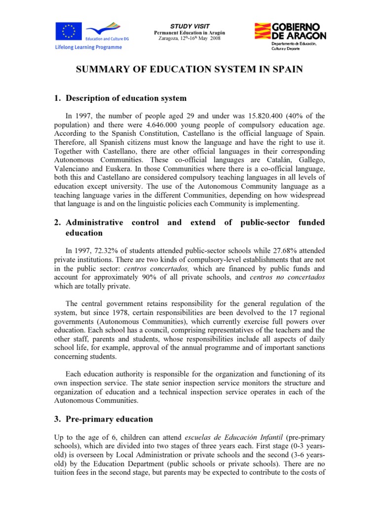 Summary Education System in Spain | PDF | Curriculum | Primary Education