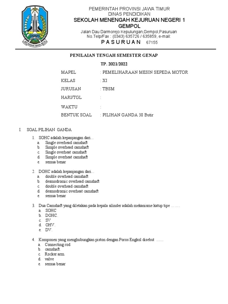 Soal PMSM Penilaian Tengah Semester 2021-2022 | PDF