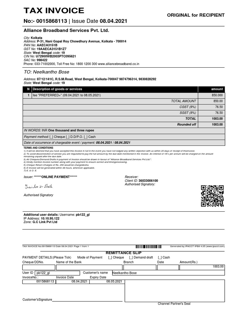 Alliance Broadband April | PDF | Cheque | Invoice