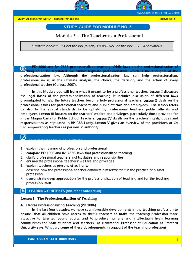 Professionalism in Teaching Module 5 Guide | PDF | Teachers | Academic ...