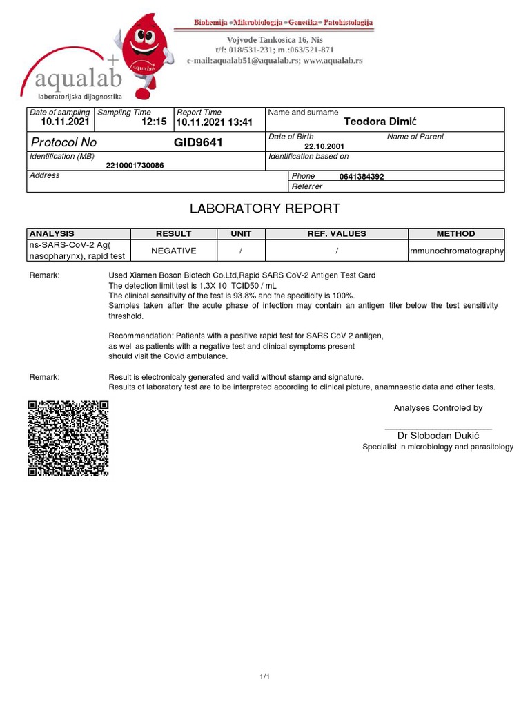 Protocol No: Laboratory Report | PDF | Sensitivity And Specificity ...