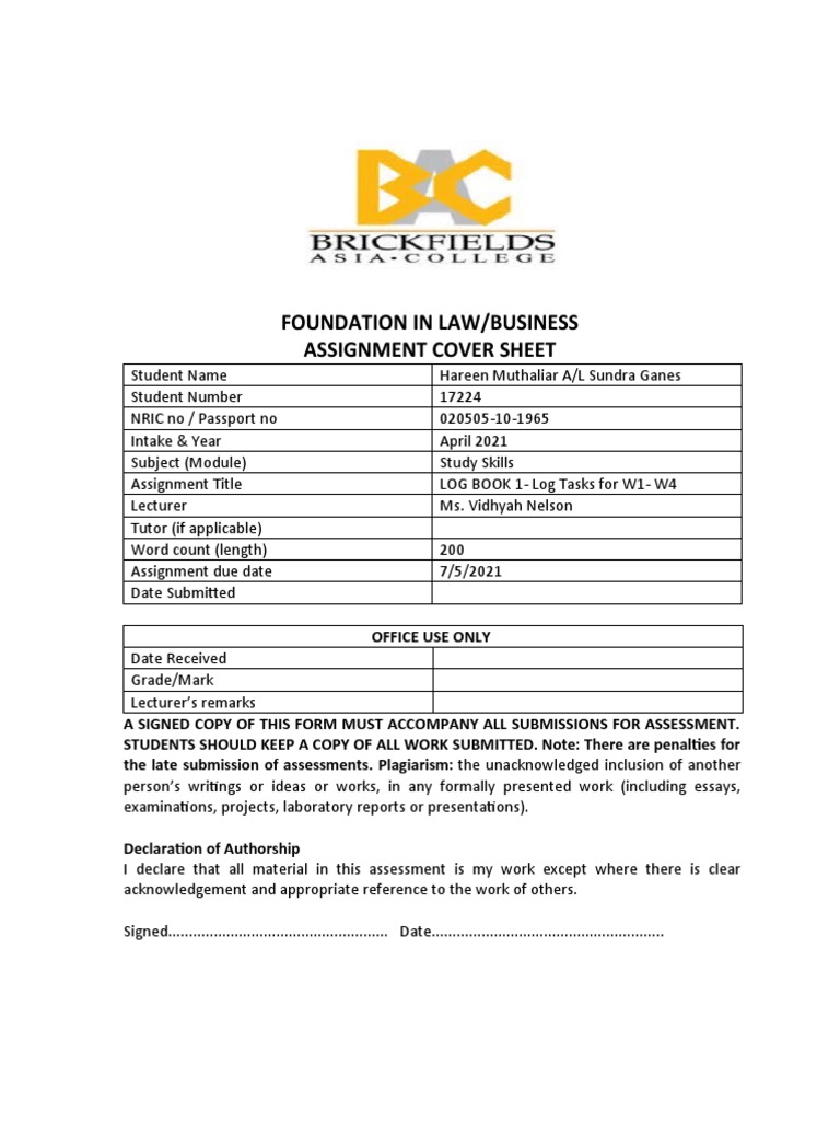 Foundation in Law/Business Assignment Cover Sheet | PDF | Cognition ...
