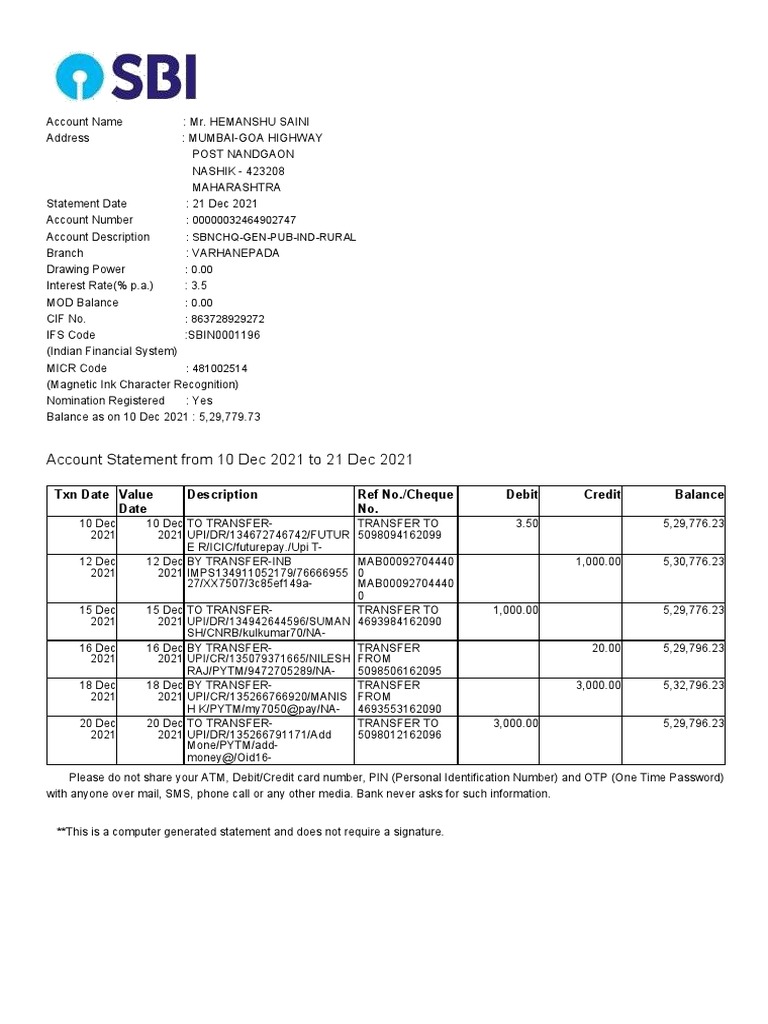 View your SBNCHQ account statement from 10 Dec to 21 Dec 2021 | PDF ...