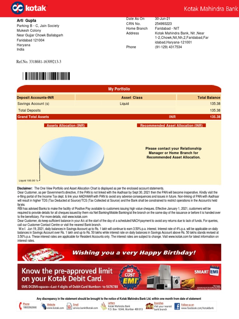 Kotak Mahindra Bank E-Mailed Statement | PDF | Banks | Automated Teller ...