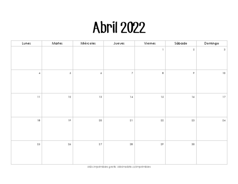 Calendario Imprimible Abril 2022 | PDF