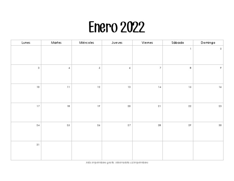 Calendario Enero 2022 para Imprimir | PDF