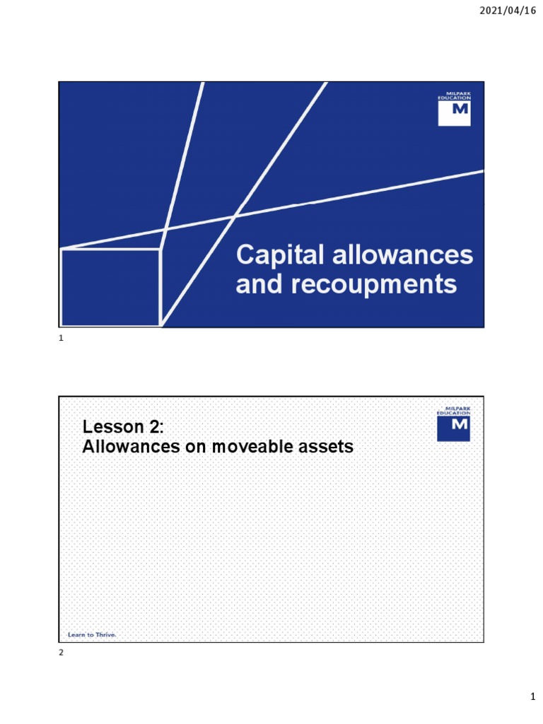 Capital Allowances Lecture Slides (2 Per Page) | PDF | Expense | Lease