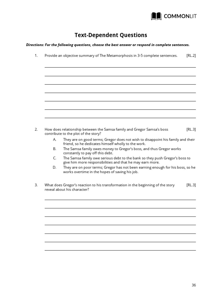 Metamorphosis Study Questions and Analysis | PDF | Narration | The ...