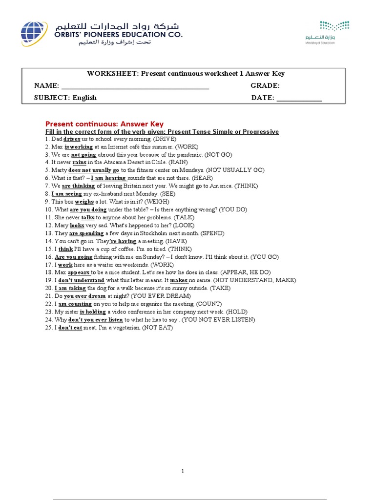 Present Continuous Worksheet 1 Answer Key | PDF