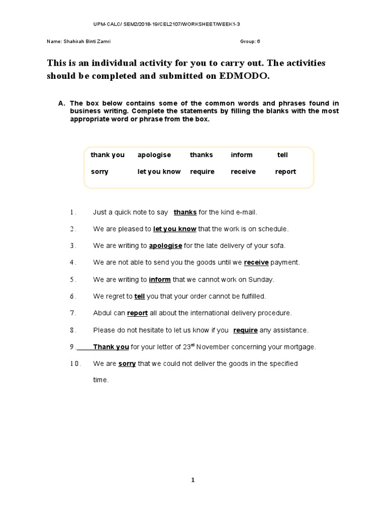 CEL 2107 Worksheet 1 Week 1-3 | PDF