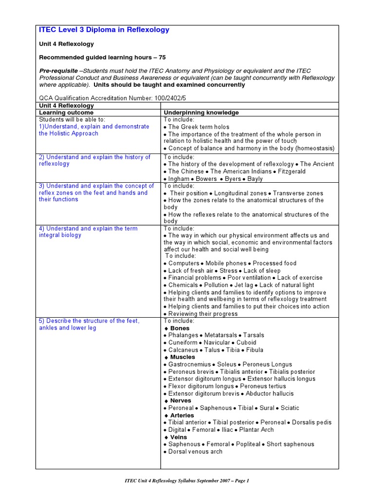 ITEC Level 3 Diploma in Reflexology | PDF | Hand | Musculoskeletal System