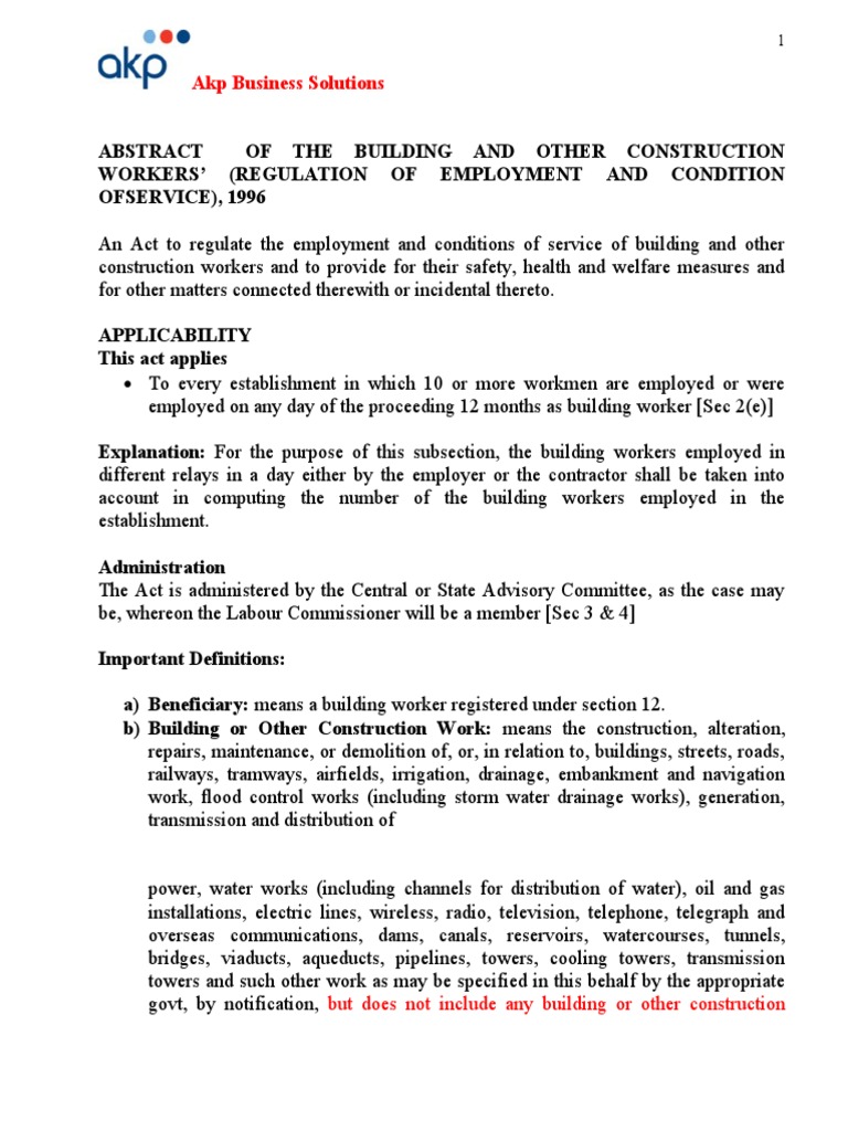 Abstract - of The BOCW Act, 1996 | PDF | Employment | Overtime