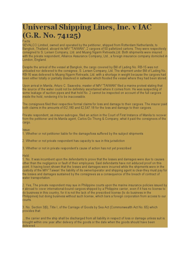 Liability for Cargo Loss on International Shipment: Universal Shipping ...