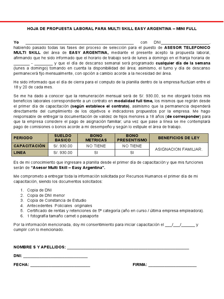 Hoja de Condiciones Laborales y Compromiso Call Center | PDF