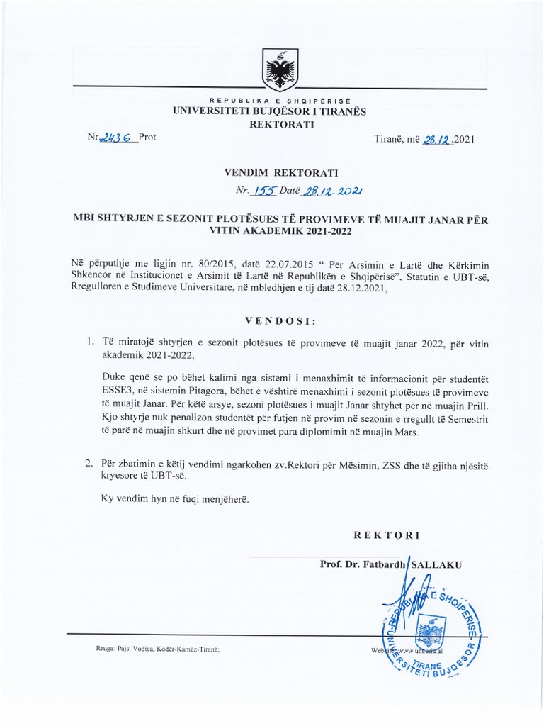 Vendimi Per Shtyrjen e Provimeve Te Janarit | PDF