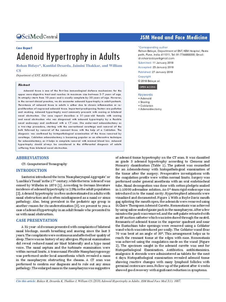 Adenoid Hypertrophy in Adults: JSM Head and Face Medicine | PDF ...
