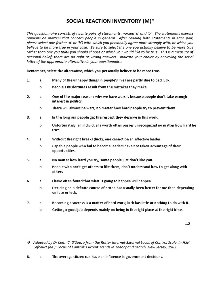 Social Reaction Inventory Questionnaire | PDF | Luck | Cognition