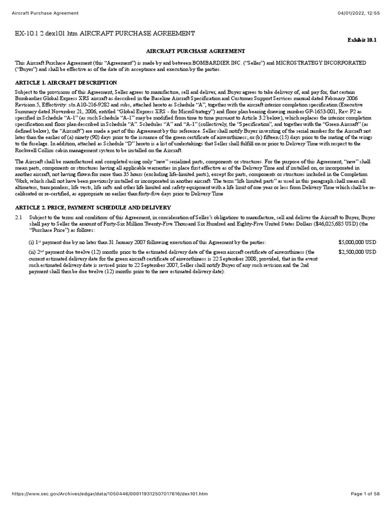 Aircraft Purchase Agreement | PDF | Indemnity | Bankruptcy